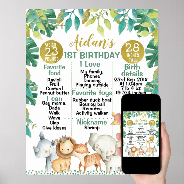 Safari Animals 1st Birthday Milestone Poster | Zazzle Safari Animals 1st Birthday Milestone Poster | Zazzle