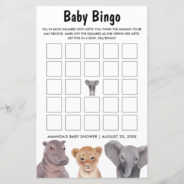 Safari Animals Baby Bingo Baby Shower Games | Zazzle