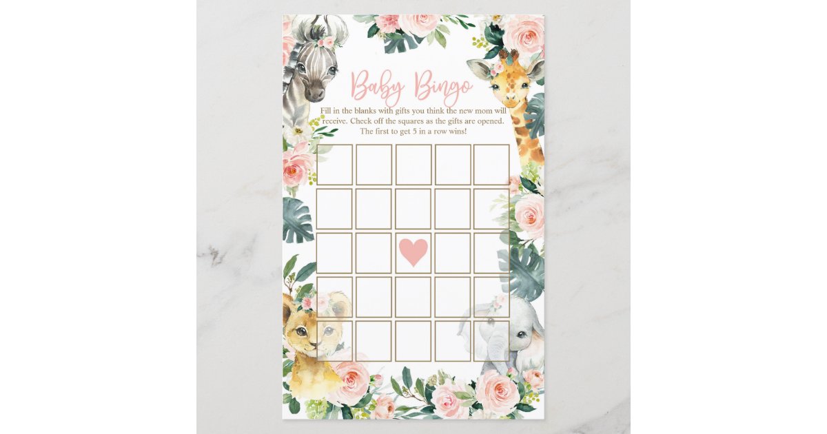 Safari Animals Baby Shower Bingo Cards Girl | Zazzle