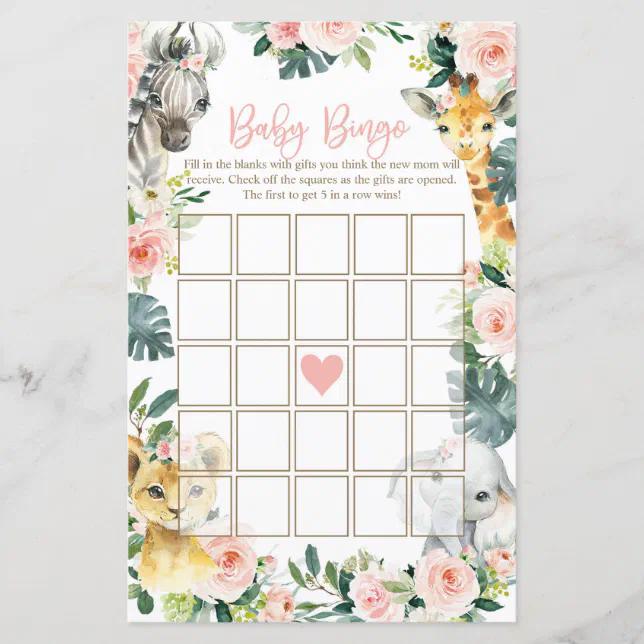 Safari Animals Baby Shower Bingo Cards Girl | Zazzle