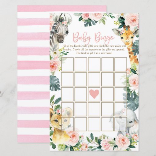 Safari Animals Baby Shower Bingo Cards Girl | Zazzle
