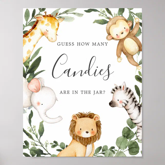 Safari Animals Baby Shower Guess How Many Candies Poster | Zazzle