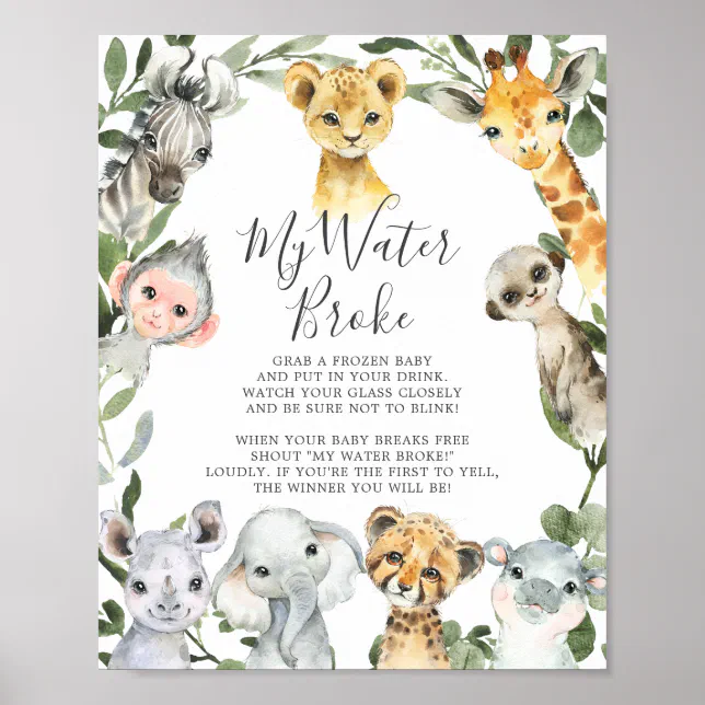 Safari Animals Baby Shower My Water Broke Sign | Zazzle