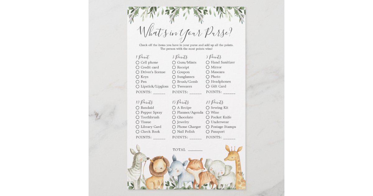 Safari Animals Baby Shower What's in Your Purse | Zazzle