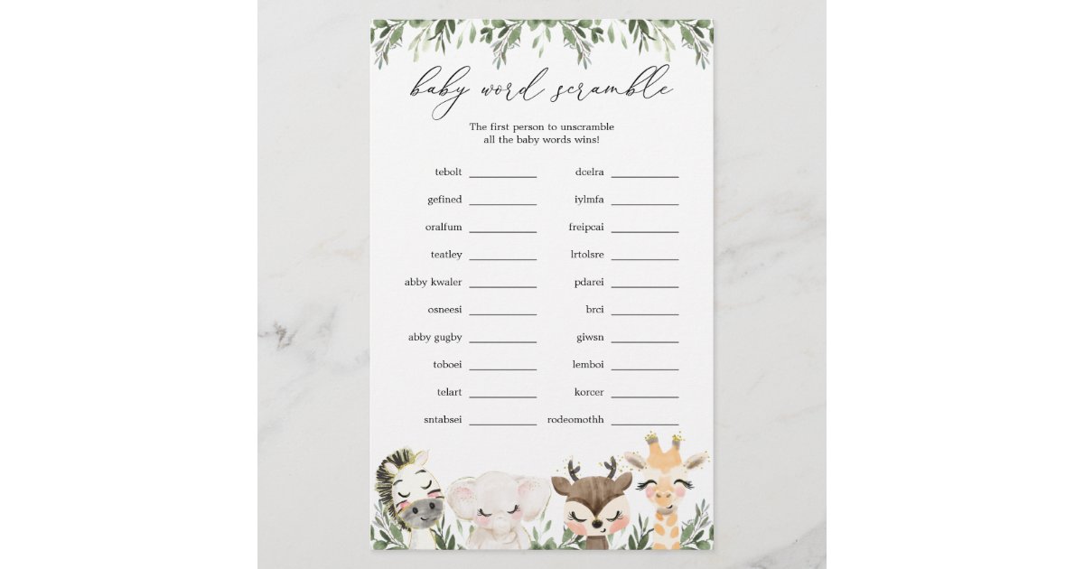 Safari Animals Baby Shower Word Scramble Game | Zazzle