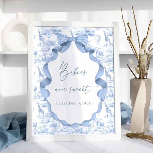 Safari Animals Blue Toile de Jouy Babies are Sweet Poster | Zazzle