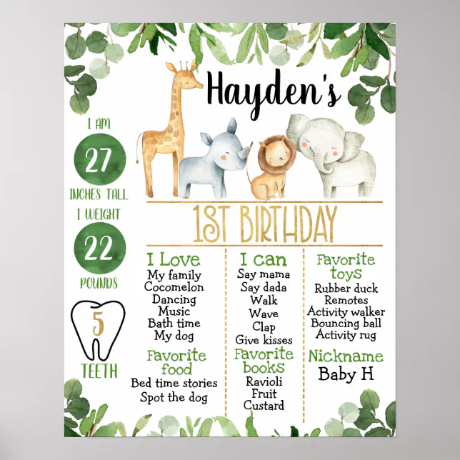 Safari Animals Foilage 1st Birthday Milestone Poster | Zazzle Safari Animals Foilage 1st Birthday Milestone Poster | Zazzle