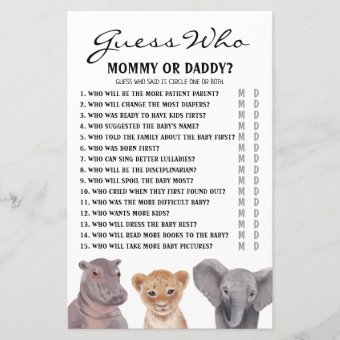 Safari Animals "Guess Who.." Baby Shower Game | Zazzle