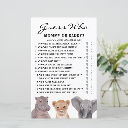 Safari Animals "Guess Who.." Baby Shower Game | Zazzle