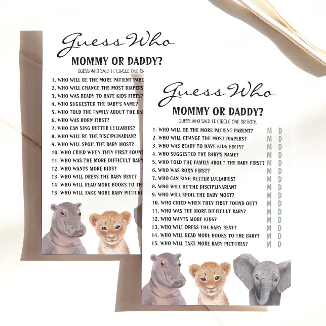 Safari Animals "Guess Who.." Baby Shower Game | Zazzle