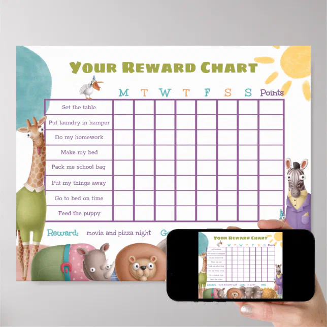 Safari Animals Reward Chore Chart Poster | Zazzle