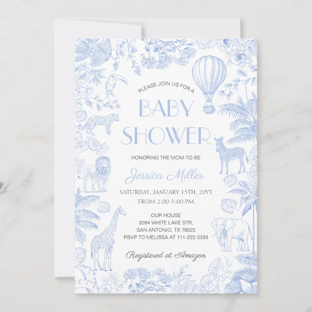 Safari Animals Toile De Jouy Boy Baby Shower Invitation | Zazzle