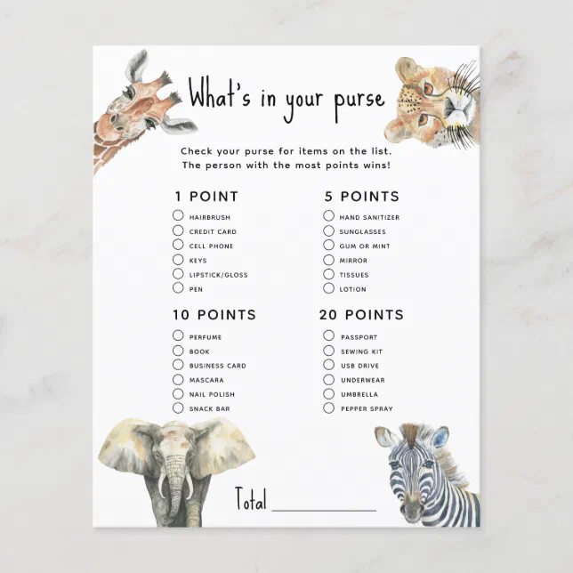 Safari animals - Whats in your purse baby shower | Zazzle