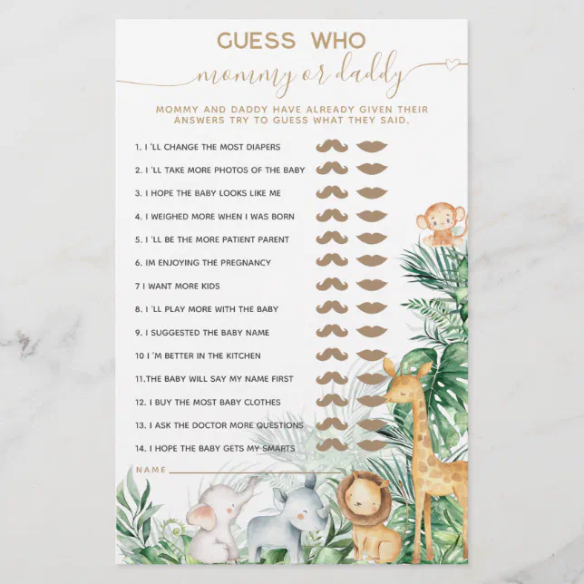 Safari Baby Animal Greenery Baby Shower Guess game | Zazzle