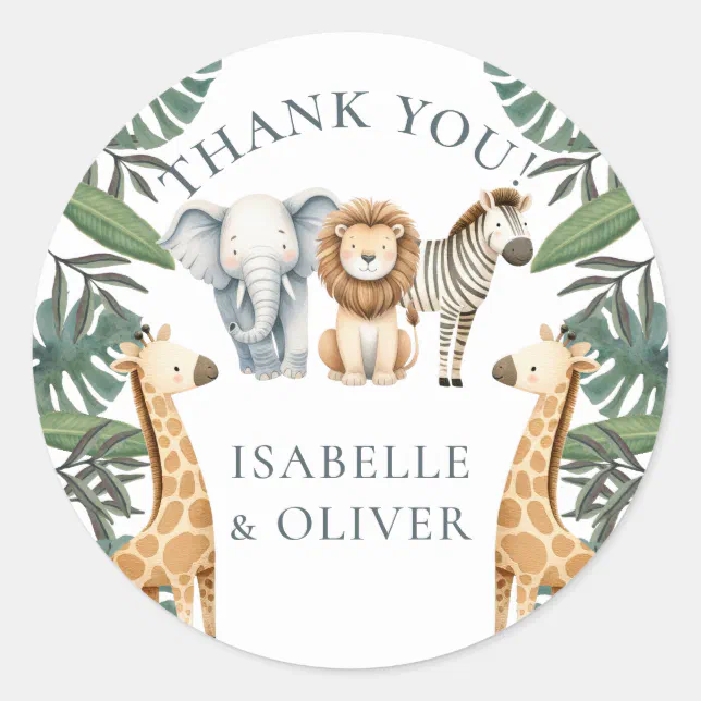Safari Baby Animals and Greenery Thank You Classic Round Sticker | Zazzle