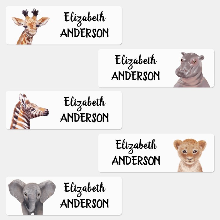 Safari Baby Animals Personalized Name Kids Labels | Zazzle