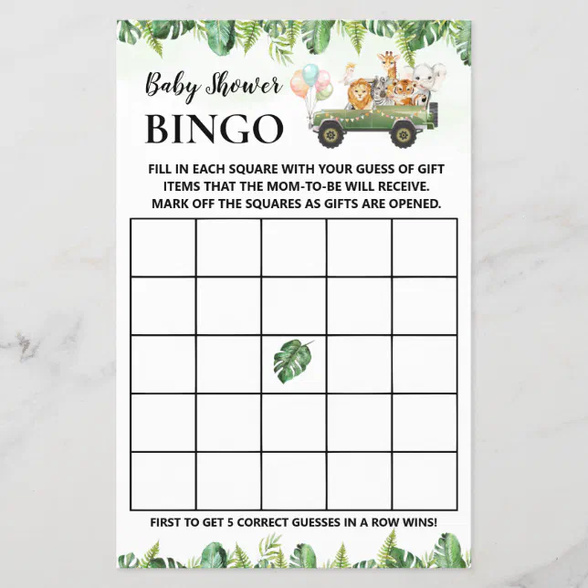 Safari Baby Animals Shower Bingo Game Card Flyer | Zazzle