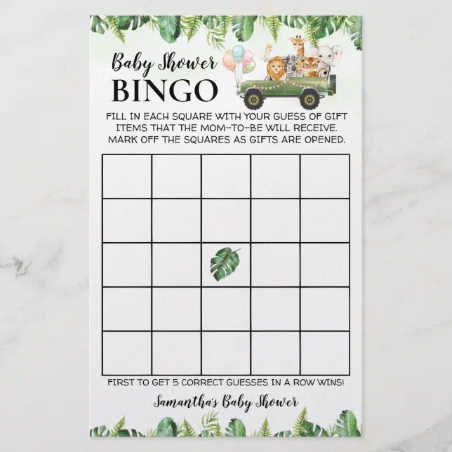 Safari Baby Animals Shower Bingo Game Card Flyer | Zazzle