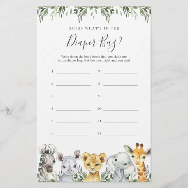 Safari Baby Shower Guess What's in the Diaper Bag | Zazzle
