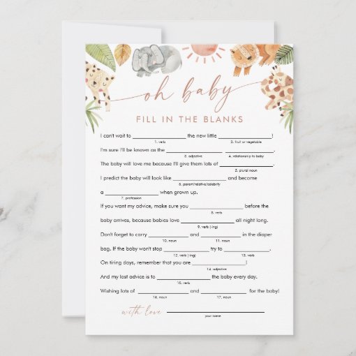 SAFARI Baby Shower Libs, Fill in the Blank Game Invitation | Zazzle