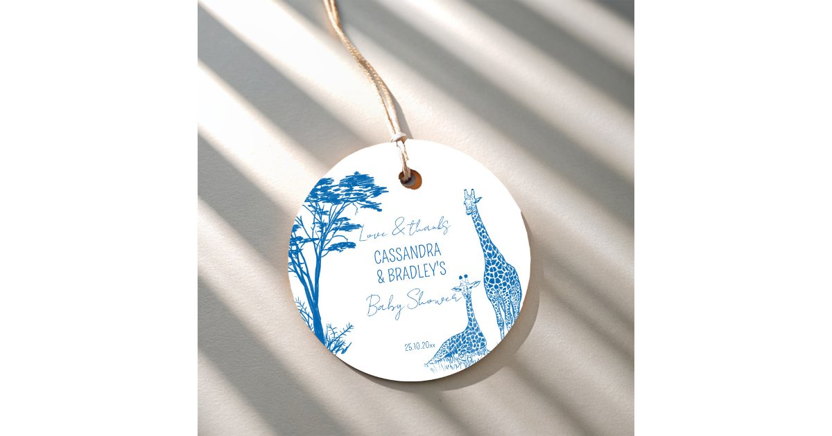 Safari blue toile giraffe baby shower favor tags | Zazzle