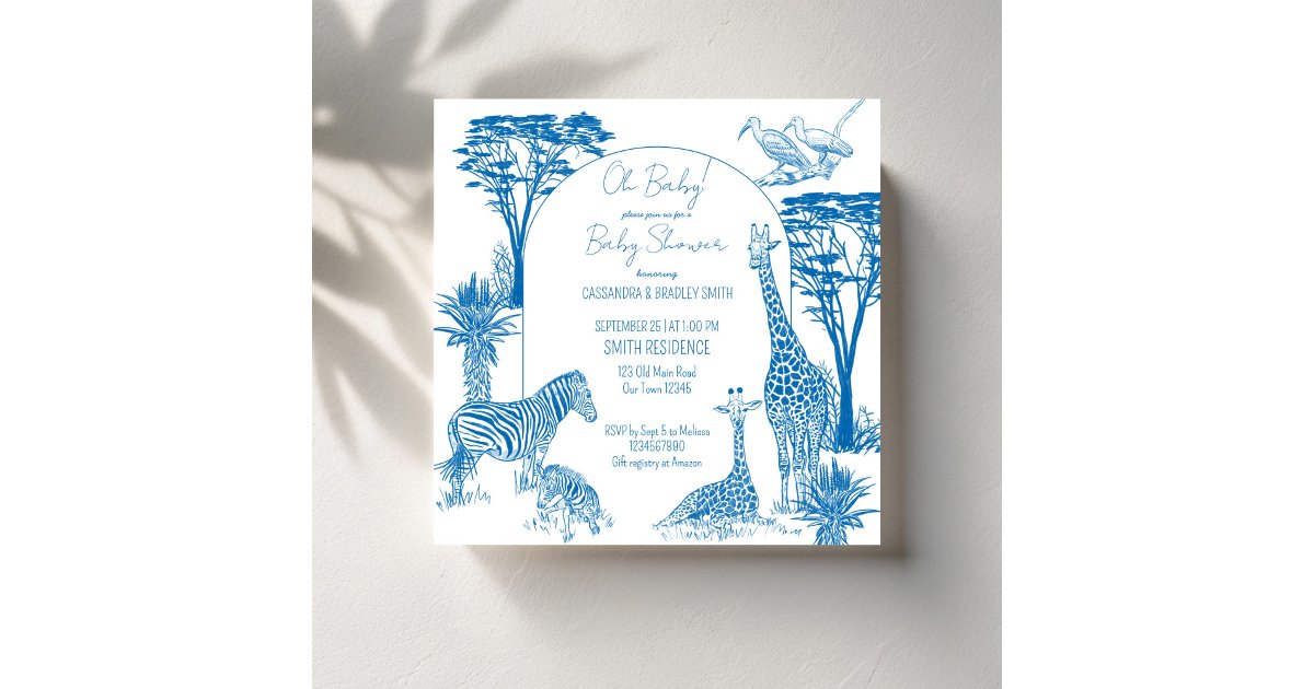 Safari blue toile giraffe baby shower invitation | Zazzle