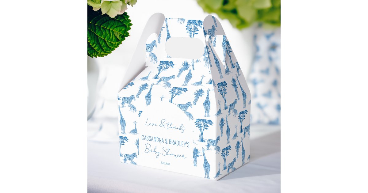 Safari blue toile giraffe baby shower monogrammed favor boxes | Zazzle
