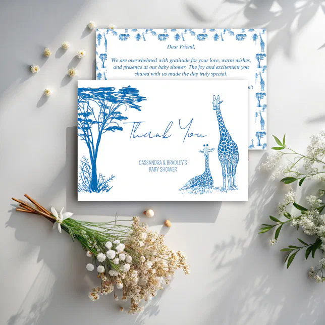 Safari blue toile giraffe baby shower thank you card | Zazzle