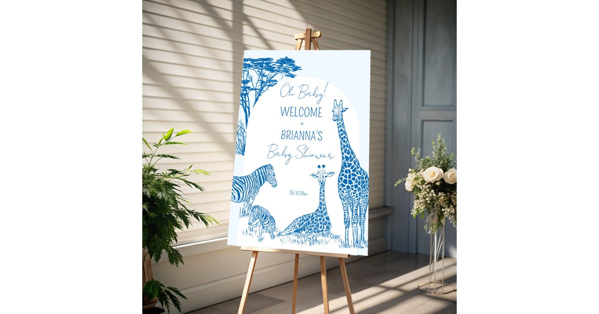 Safari blue toile giraffe baby shower welcome sign | Zazzle
