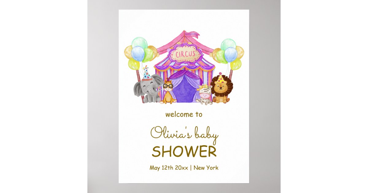 Safari Circus Carnival Balloon Baby Shower Welcome Poster | Zazzle
