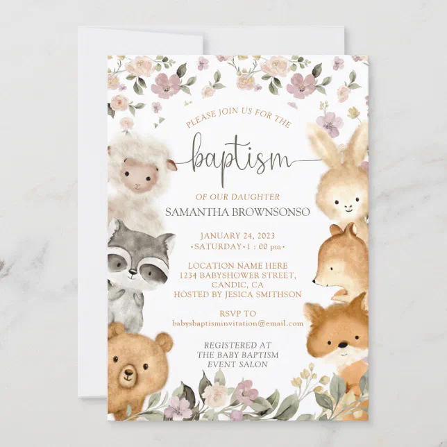 Safari Farm Animal Bear Fox Rabbit Raccoon Baptism Invitation | Zazzle