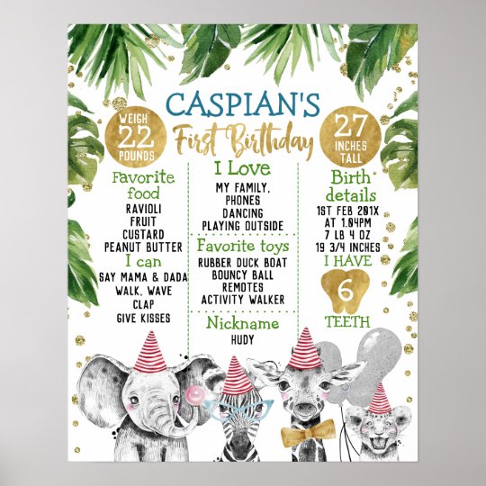 Safari Gold Green 1st Birthday Milestone Poster | Zazzle.com Safari Gold Green 1st Birthday Milestone Poster | Zazzle.com