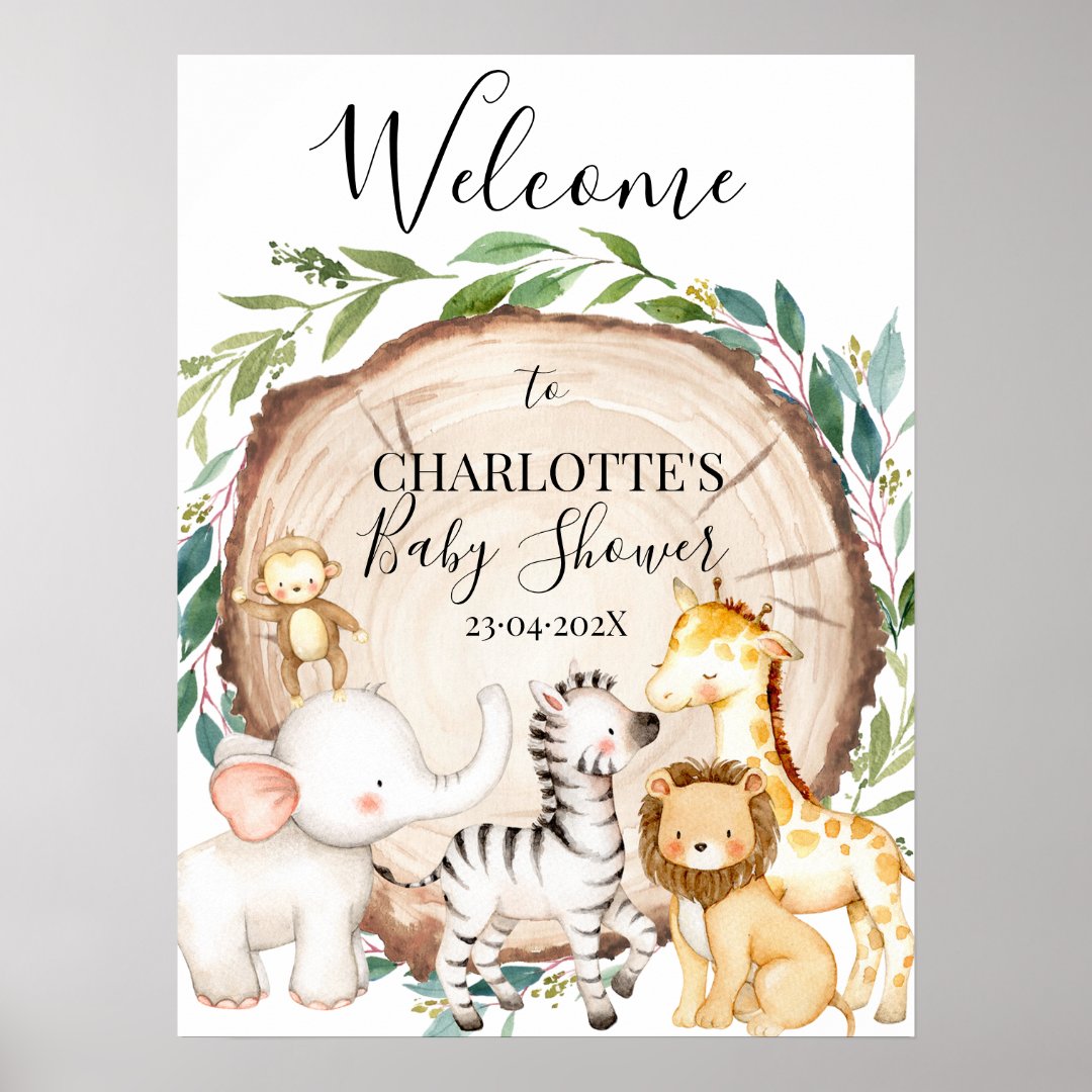 Safari Greenery Wood Slice Baby Shower Welcome Poster | Zazzle
