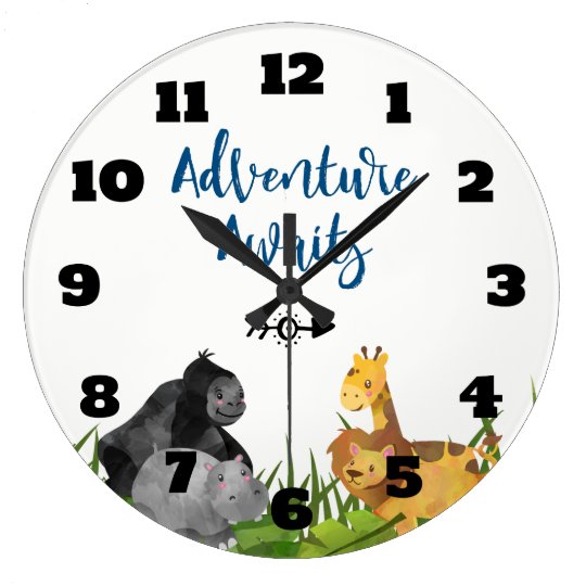 Safari Jungle Animal Illustration Adventure Awaits Large Clock | Zazzle.com