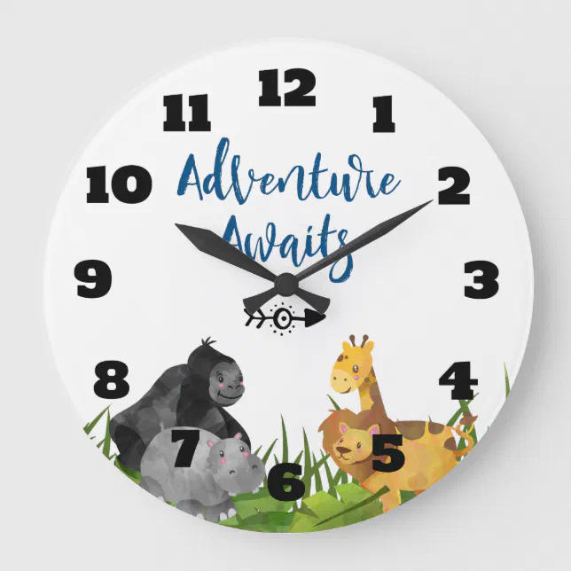 Safari Jungle Animal Illustration Adventure Awaits Large Clock | Zazzle