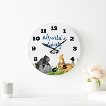 Safari Jungle Animal Illustration Adventure Awaits Large Clock | Zazzle