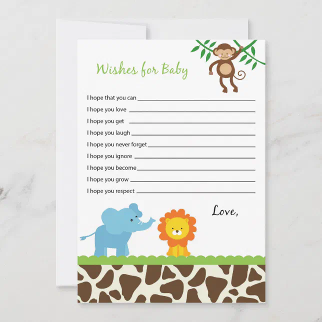 Safari Jungle Animal Wishes for Baby Advice Cards | Zazzle