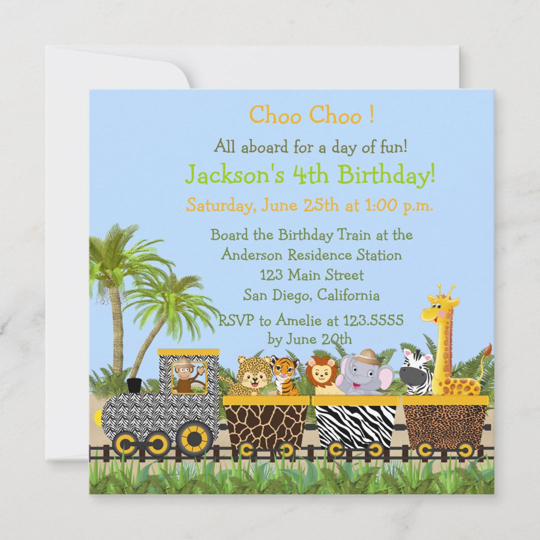 Safari Jungle Animals in Train Birthday Invitation | Zazzle