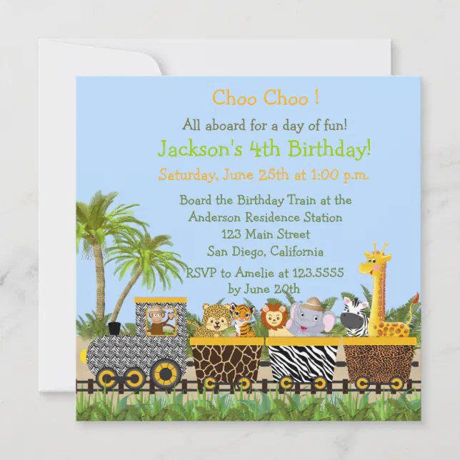 Safari Jungle Animals in Train Birthday Invitation | Zazzle