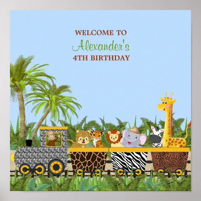 Safari Jungle Animals in Train Birthday Poster | Zazzle
