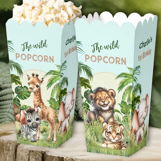 Safari Jungle Animals Wild 1st Birthday Popcorn Favor Boxes | Zazzle