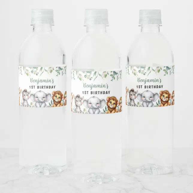 Safari Jungle Animals Wild One 1st Birthday Water Bottle Label | Zazzle