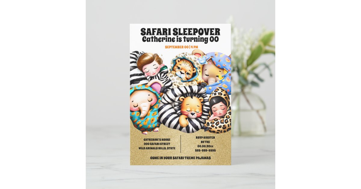 Safari pajama wild animals sleepover slumber party invitation | Zazzle