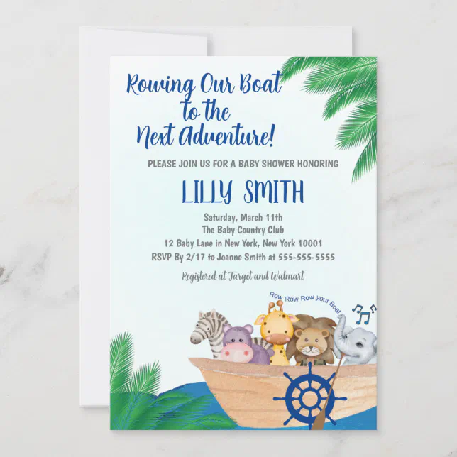 Safari Row Your Boat Baby Shower Invitation | Zazzle