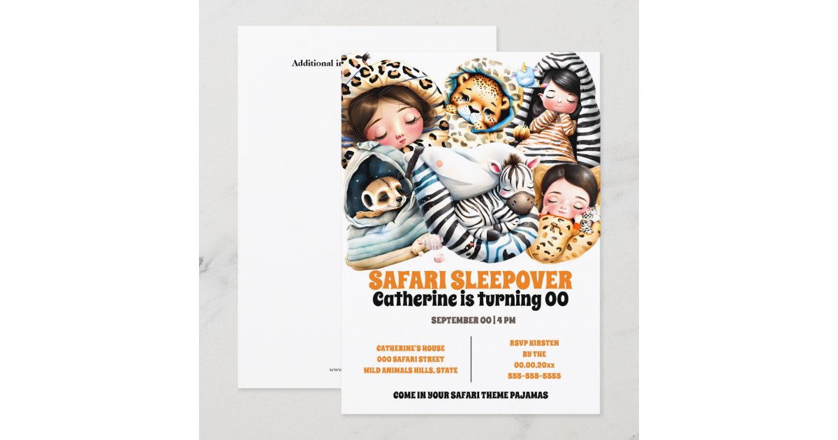 Safari sleepover slumber pajama wild animals kids invitation | Zazzle