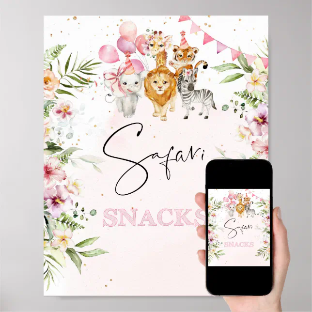 Safari snacks birthday food table poster | Zazzle