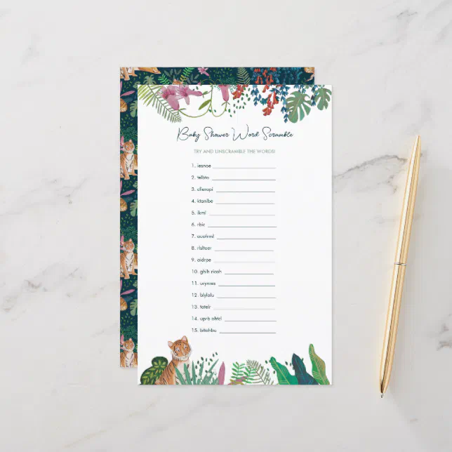 Safari Tiger Word Scramble Baby Shower Game | Zazzle