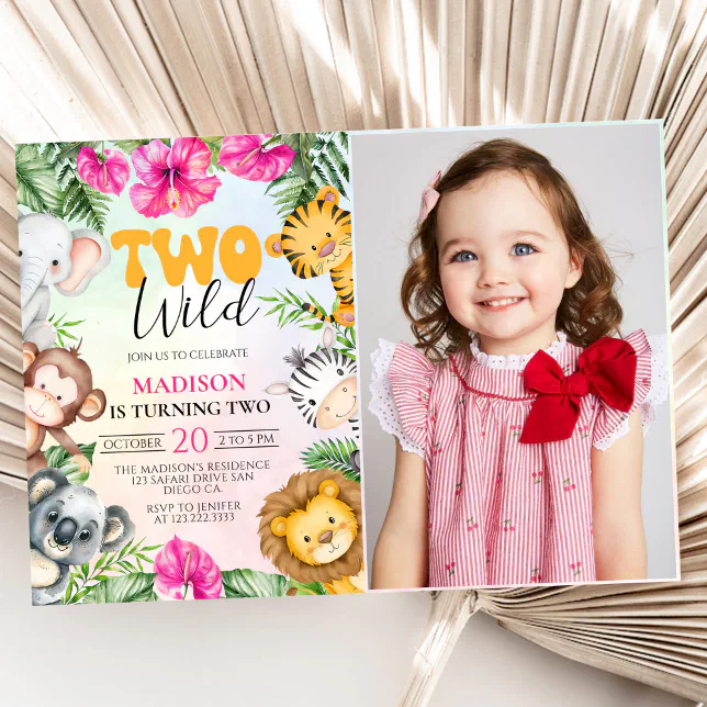 Safari Two Wild 2nd Girl Birthday Photo Invitation | Zazzle