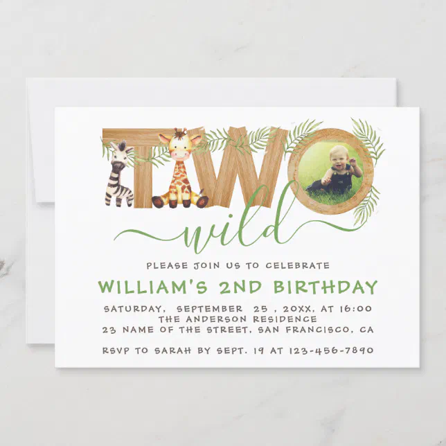 Safari Two Wild Jungle Second Birthday Photo Wood Invitation | Zazzle