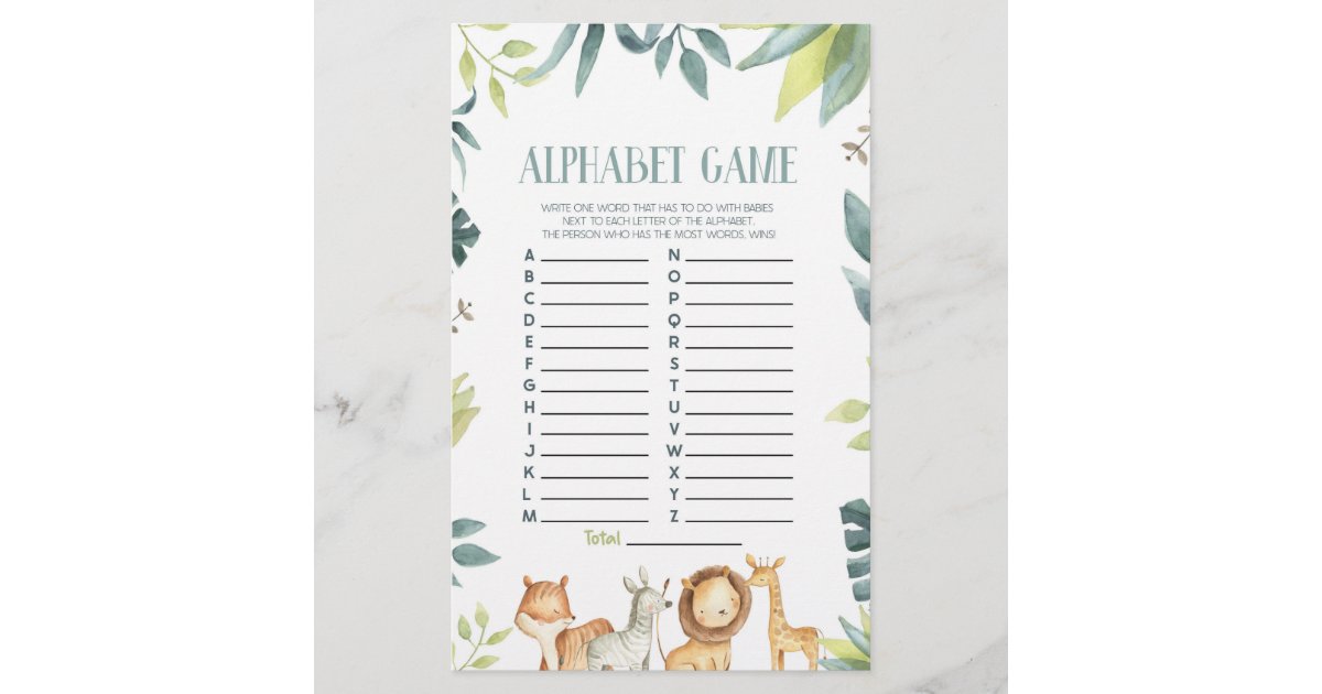 Safari Wild Zoo Animals Alphabet Baby Shower Game Stationery | Zazzle